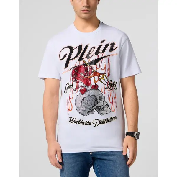 Philipp Plein Round Neck T-shirt Little Devil Crystal - White