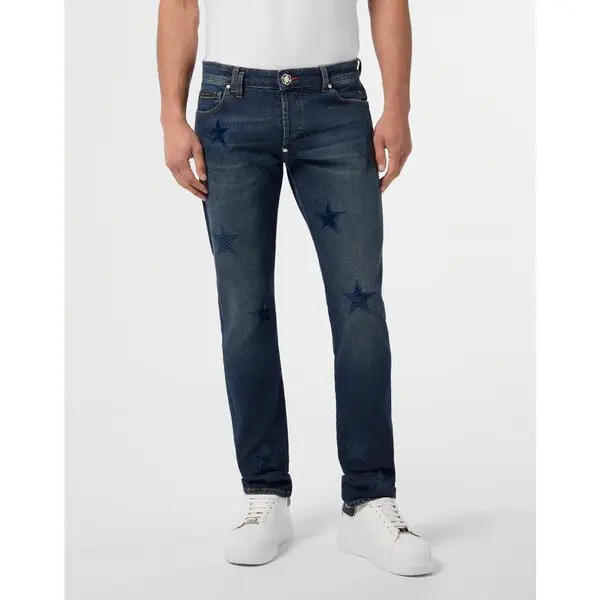 Philipp Plein Super Straight Cut Jeans With Star-shaped Croco-skin Patches