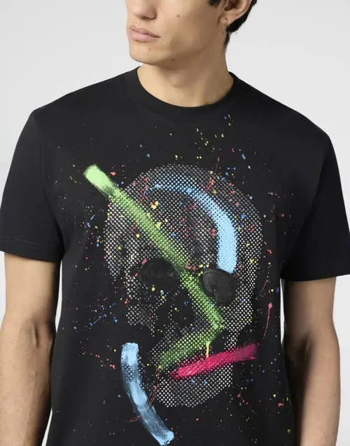 Philipp Plein Round Neck T-shirt Paint Splash Skull