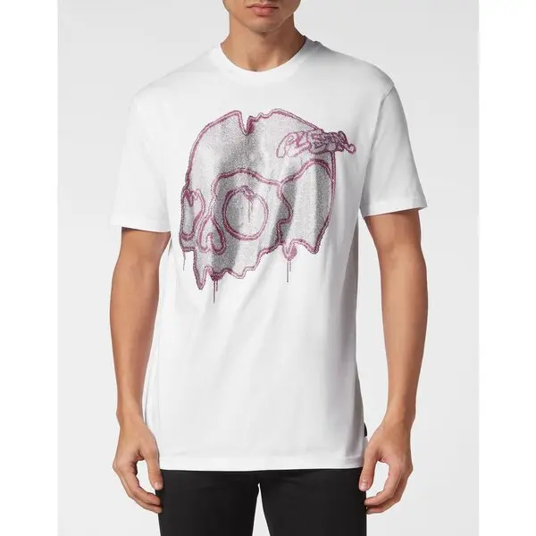 Philipp Plein T-shirt Round Neck Ss With Crystals Dripping Skull - White