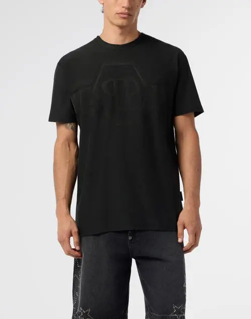 Philipp Plein Round Neck T-shirt Jacquard Hexagon Line - Black