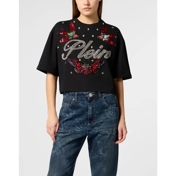 Philipp Plein Cropped T-shirt Tattoo Strass - Black