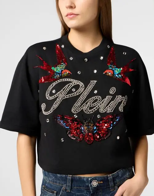 Philipp Plein Cropped Tattoo Strass T-shirt