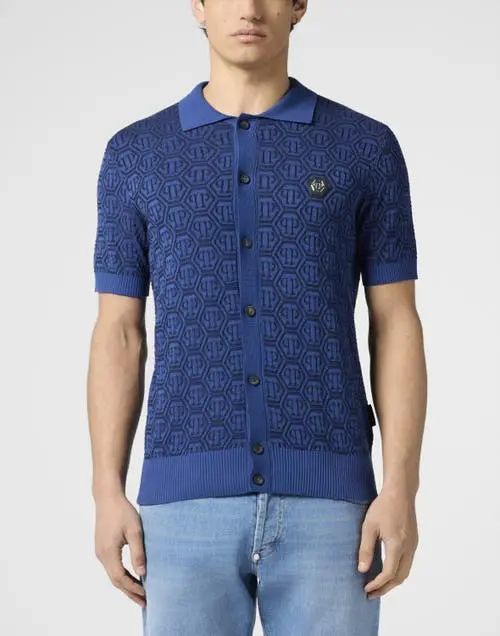 Philipp Plein Buttoned-up Polo Shirt Jacquard Monogram - Navy
