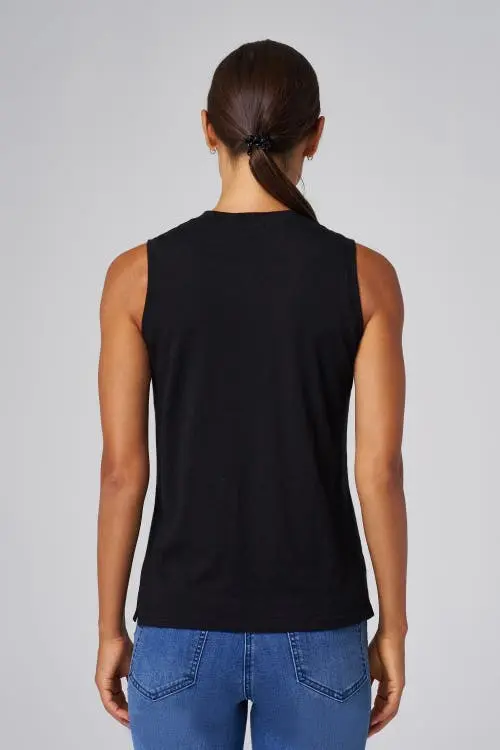 FRANNE GOLDE Slub Jersey V-neck Sleeveless Tank - Black