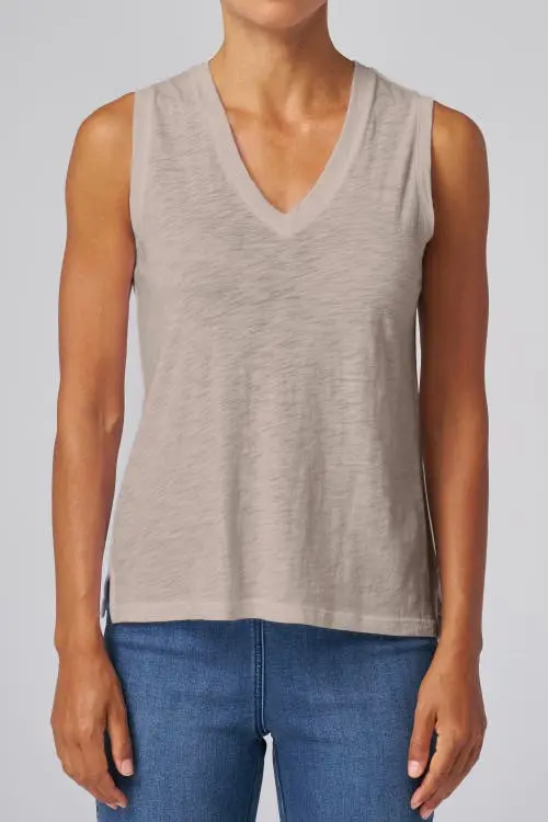 FRANNE GOLDE Slub Jersey V-neck Sleeveless Tank - Sand