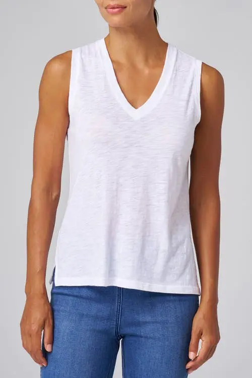 FRANNE GOLDE Slub Jersey V-neck Sleeveless Tank - White