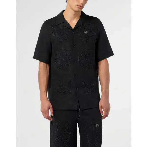 Philipp Plein Embroidered Linen Bowling Shirt Tattoo Strass - Black/black
