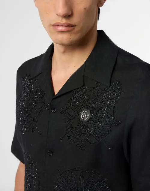 Philipp Plein Embroidered Linen Bowling Shirt Tattoo Strass