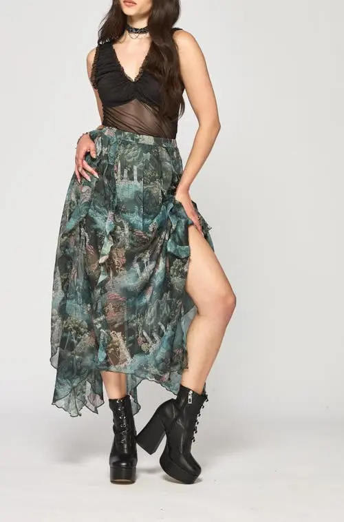 DISTURBIA Thalassa Print Hanky Hem Midi Skirt