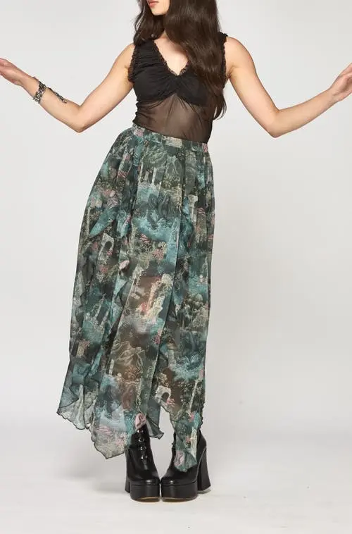 DISTURBIA Thalassa Print Hanky Hem Midi Skirt