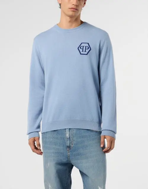 Philipp Plein Cashmere Roundneck Pullover Jacquard Hexagon - Lightblue