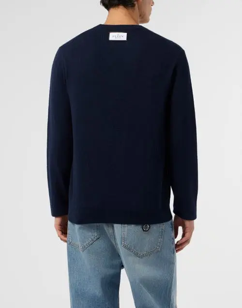 Philipp Plein Pure Cashmere Roundneck Pullover With Jacquard Hexagon Logo - Navy
