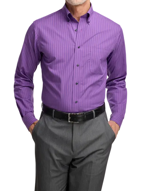PAUL FREDRICK Cotton Buttondown Collar Broadcloth Classic Contrast Trim Button Cuff Long Sleeve Shirt - Purple/black