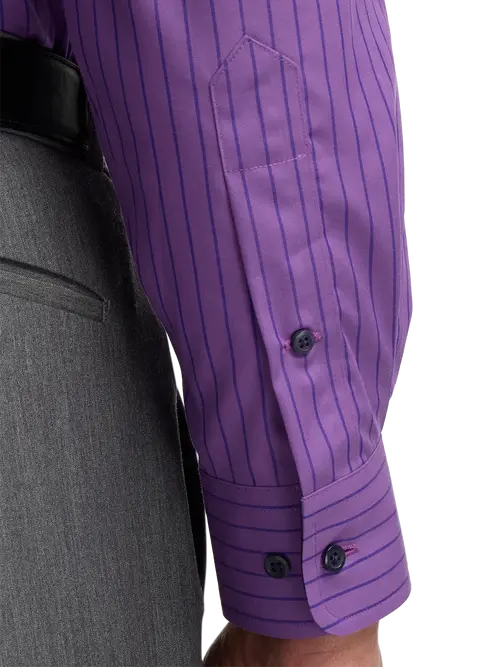 PAUL FREDRICK Cotton Buttondown Collar Broadcloth Classic Contrast Trim Button Cuff Long Sleeve Shirt - Purple/black