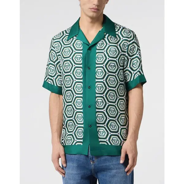 Philipp Plein Silk Bowling Shirt Monogram 70's - Green
