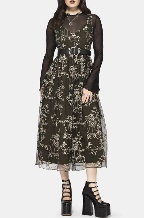 DISTURBIA Stellar Vine Embroidery Midi Dress