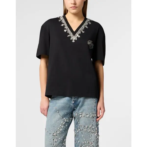 Philipp Plein Fit V-neck T-shirt Crystals - Black