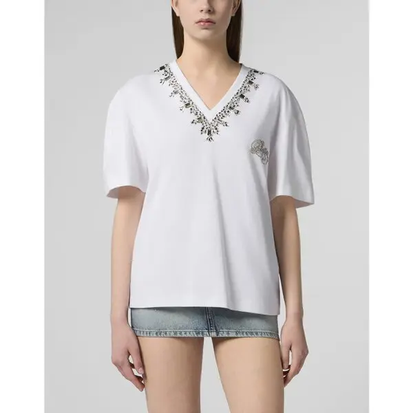 Philipp Plein Fit V-neck T-shirt Crystals - White