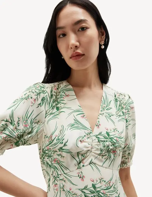 HOBBS LONDON Florentina Ruched V-neck Midi Dress - Ivorymulti