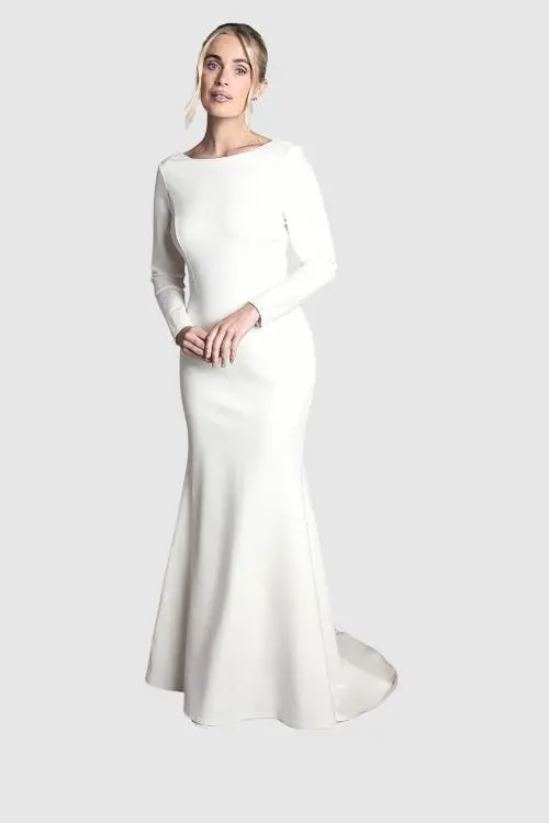 Coast Petite Slash Neck Puddle Wedding Dress - Ivory