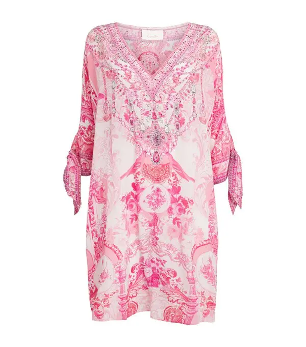 Camilla Silk Embellished Mini Kaftan - Pink