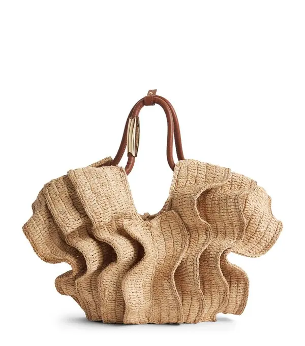Zimmermann Small Raffia Goldentime Ruffle Tote Bag