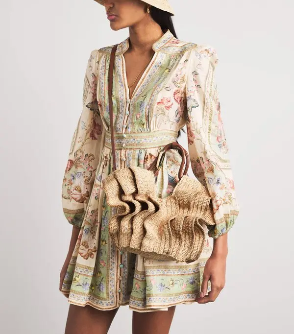 Zimmermann Small Raffia Goldentime Ruffle Tote Bag