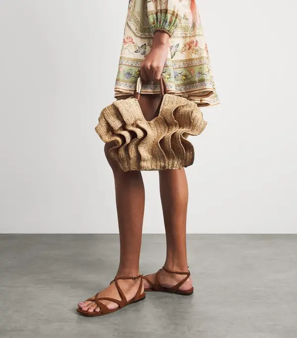 Zimmermann Small Raffia Goldentime Ruffle Tote Bag