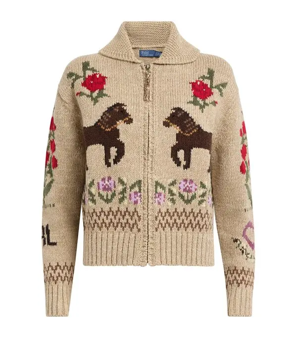 Polo Ralph Lauren Cotton-wool Horse Intarsia Zip-up Cardigan - Beige