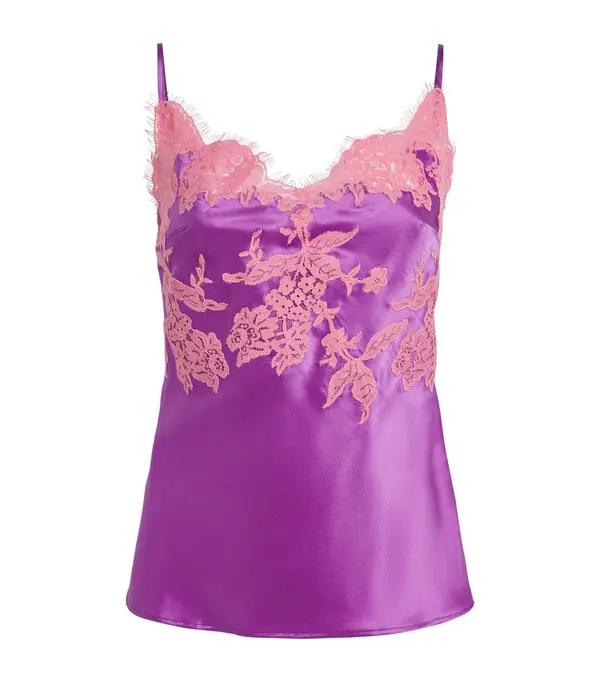 MARJOLAINE Silk Floral Tess Camisole With Lace Panels - Purple