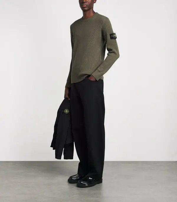 Stone Island Virgin Wool Ribbed Crewneck Sweater - Green