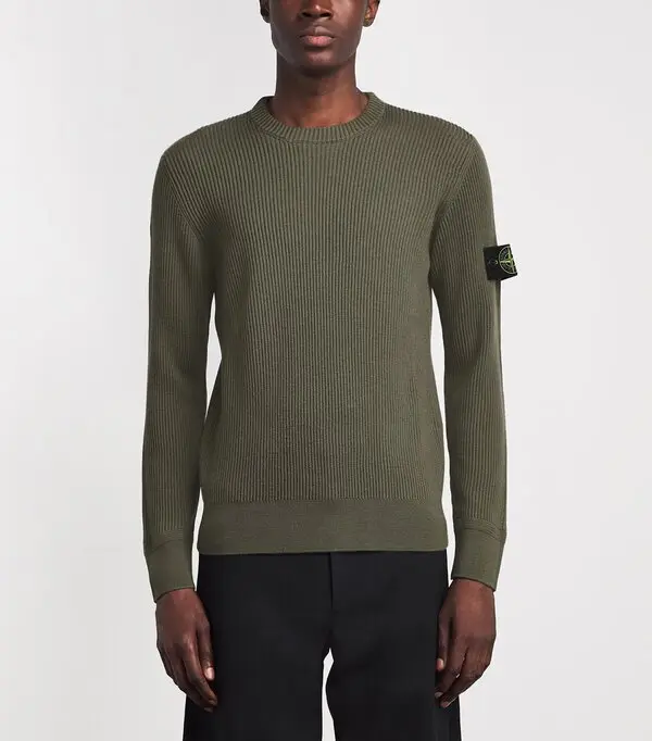 Stone Island Virgin Wool Ribbed Crewneck Sweater - Green