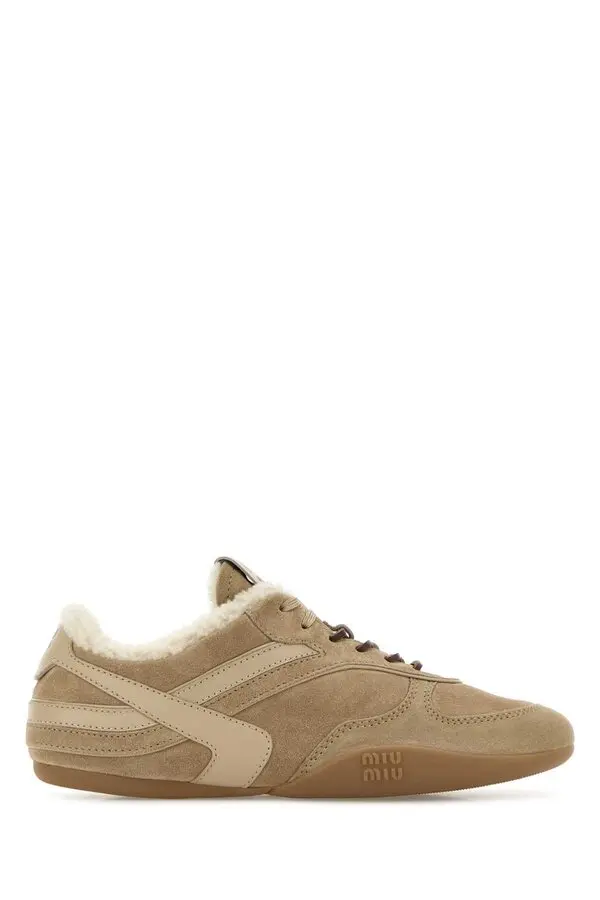 Miu Miu Beige Suede Shearling Lined Sneakers - Brown