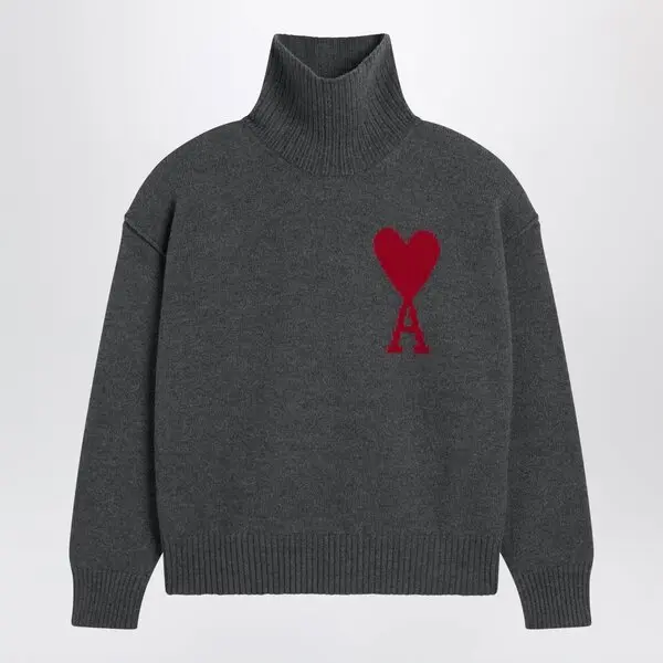 AMI Paris Wool Turtleneck Sweater With De Coeur Logo - Gray