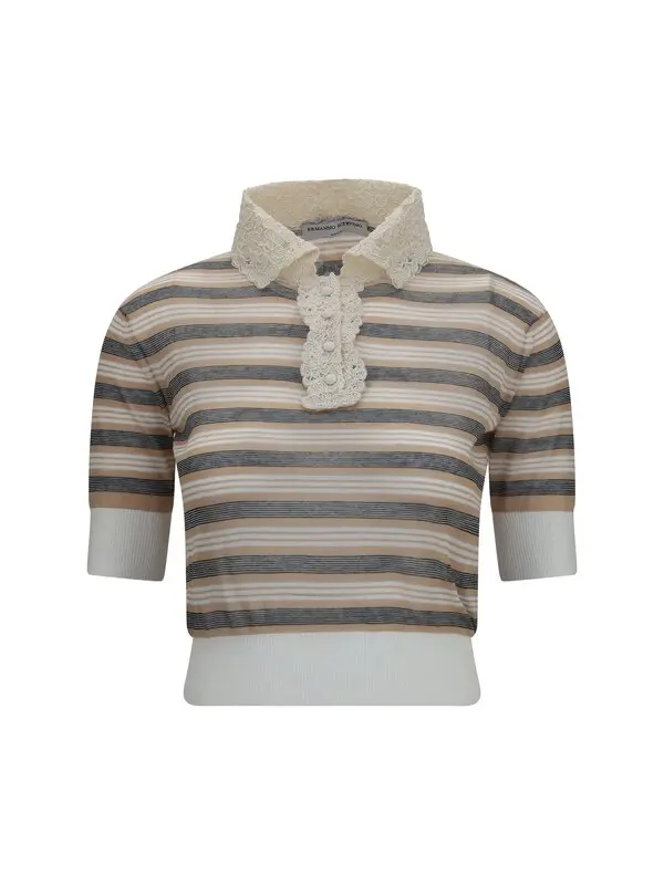 ERMANO SCERVINO Ermanno Scervino Striped Lace-collar Short-sleeve Knit Top