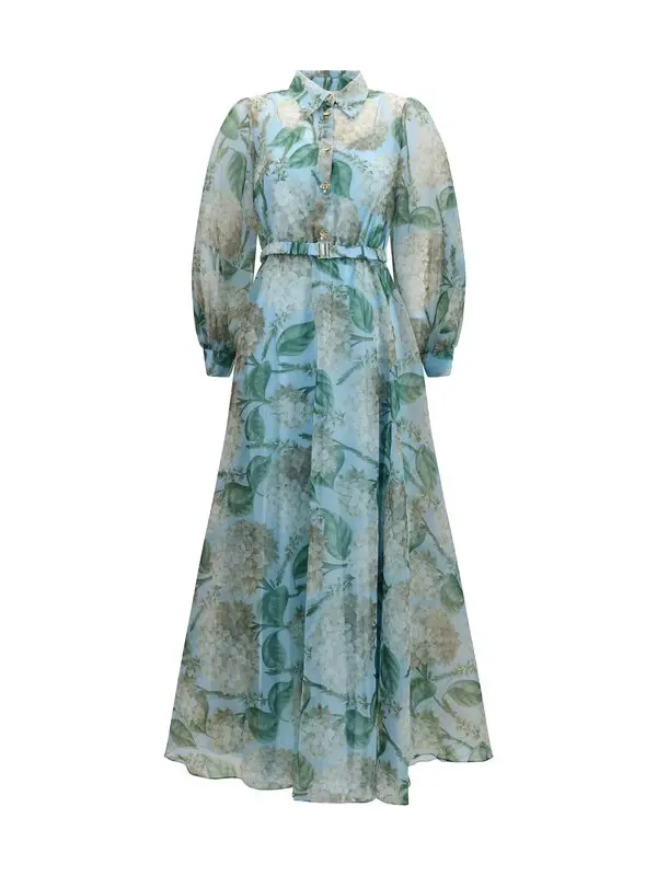 NISSA Printed Organza Maxi Dress - Blue
