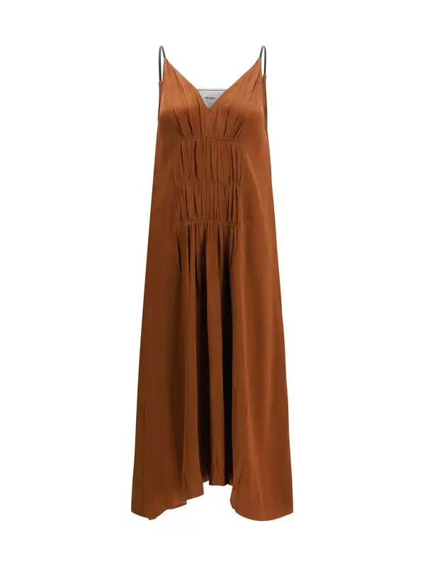 Prada V-neck Gathered Long Dress - Brown