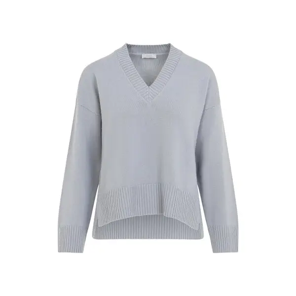 Peserico V-neck Fine Knit Sweater With Ribbed Trims - Blue
