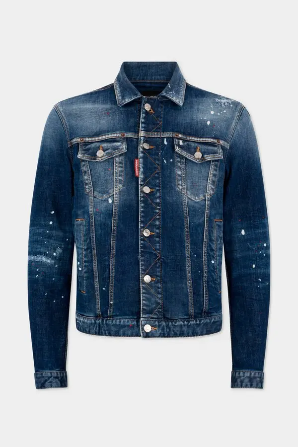 Dsquared2 Distressed Denim Trucker Jacket With Paint Splatter