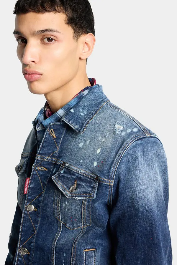 Dsquared2 Distressed Denim Trucker Jacket With Paint Splatter