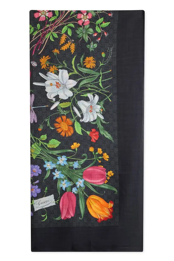 Gucci Printed Silk & Wool Scarf With Floral Monogram Pattern, 120 X 120 Cm - Multicolor