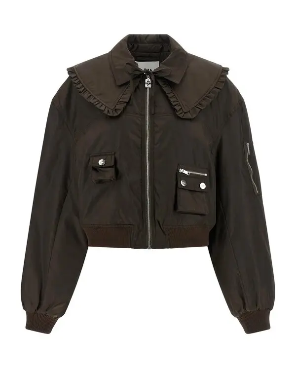 GANNI Ruffle Collar Cropped Bomber Jacket - Demitasse