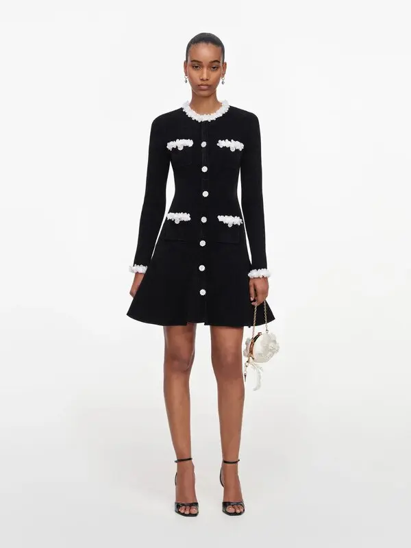 SELF-PORTRAIT Button-front Dress With Floral Trim - Nero