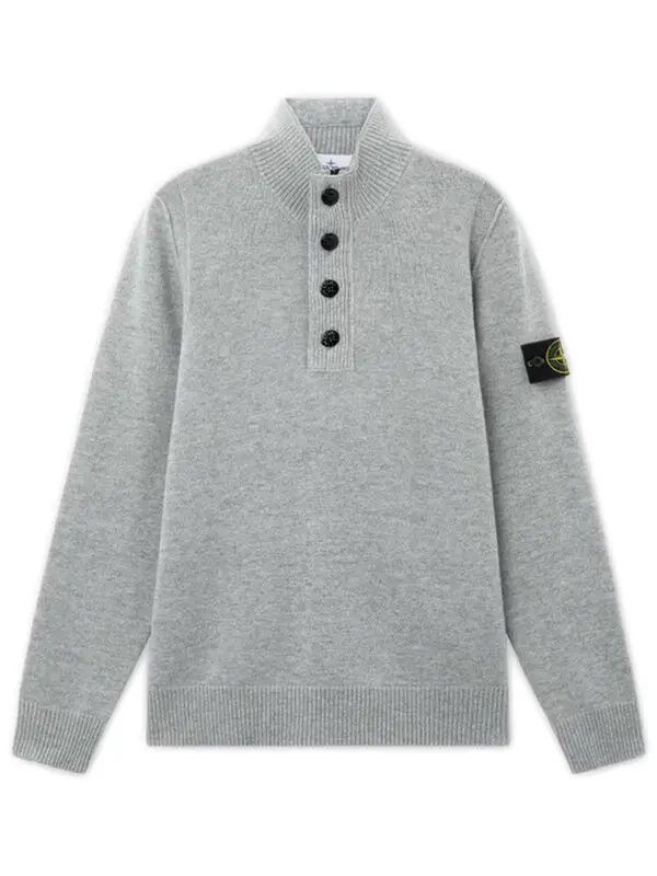 Stone Island Ribbed Stand-up Collar Wool Sweater With Felt Trim And Quarter Zip - Grigio