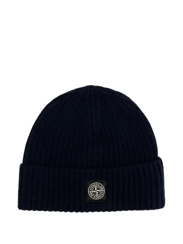 Stone Island Ribbed Virgin Wool Beanie With Logo Patch - Blu