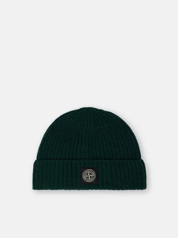 Stone Island Ribbed Virgin Wool Beanie With Logo Patch - Verde