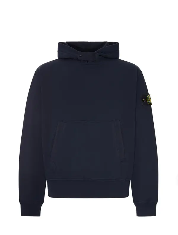 Stone Island Inspired Hooded Sweatshirt With Snap-button Collar And Kangaroo Pockets - Blu