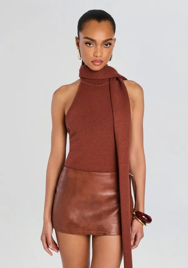 SEROYA Austyn Knit Top With Attached Scarf - Copper Clay