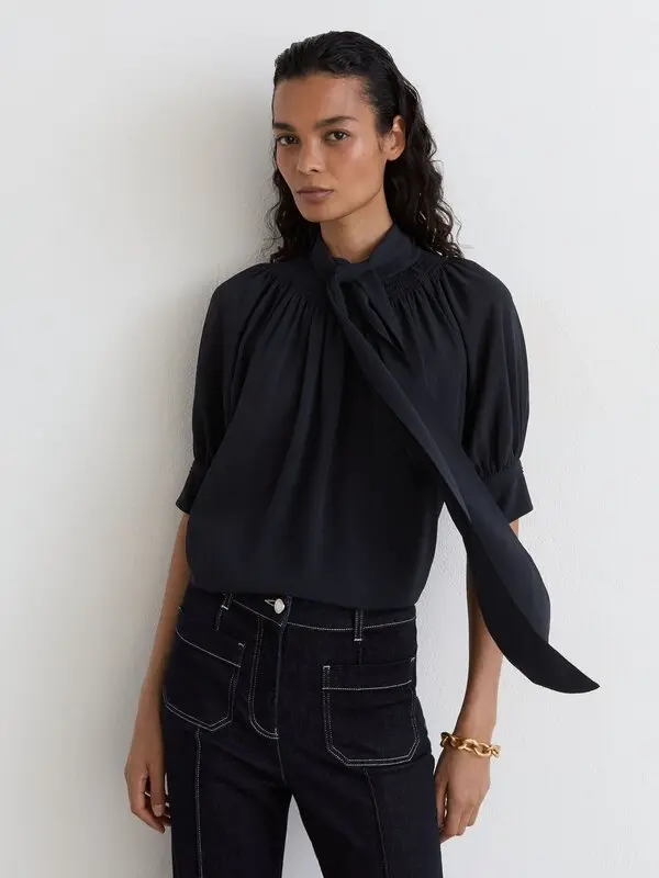 REISS Lerina Tie-neck Short-sleeve Blouse - Navy
